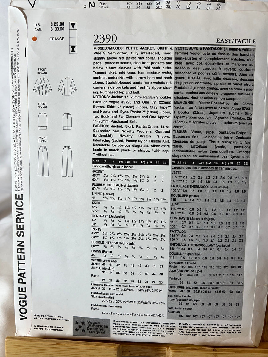 Vogue Sewing Pattern #2390 Size 12-14-16 – Darrell Thomas Textiles