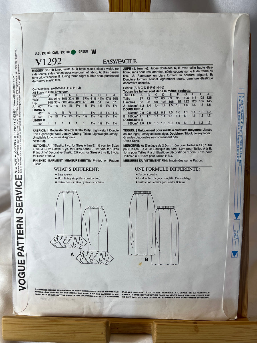 Vogue Sewing Pattern #1292. One Size – Darrell Thomas Textiles